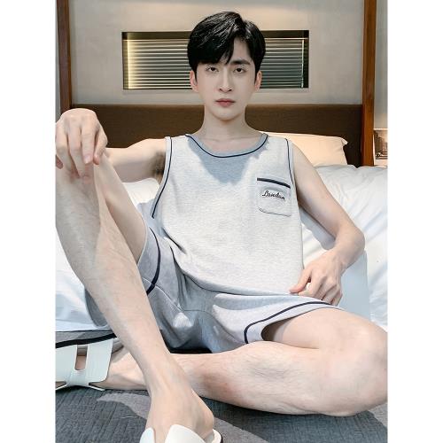 RS睡衣男夏季純棉薄款背心短褲套裝夏天青少年無袖家居服可外穿|睡衣/家居服套裝|ETMall東森購物網