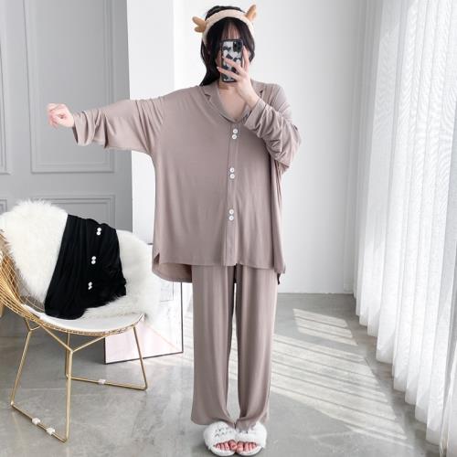 簡約V領加大碼薄莫代爾睡衣女長袖長褲兩件套寬松胖MM200斤家居服|睡衣/家居服套裝|ETMall東森購物網