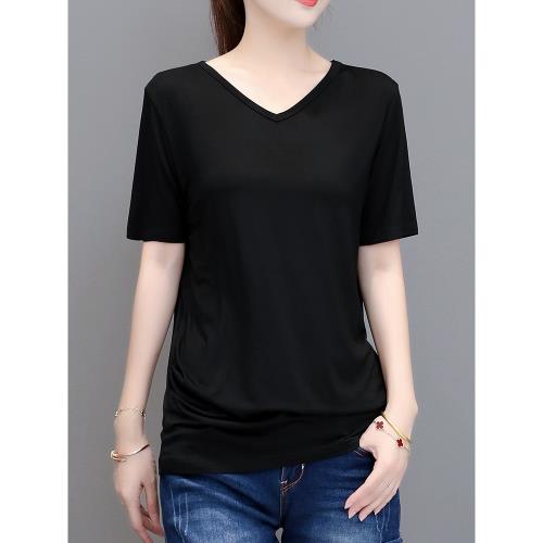 夏大碼冰絲莫代爾T恤胖mm200斤寬松遮肚短袖上衣女V領半袖打底衫|T恤|ETMall東森購物網