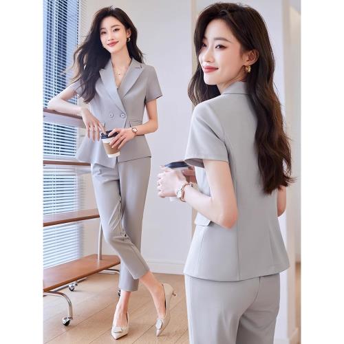 灰色棉麻西服職業套裝女夏季薄款短袖時尚氣質小西裝正裝ol工作服|西裝|ETMall東森購物網