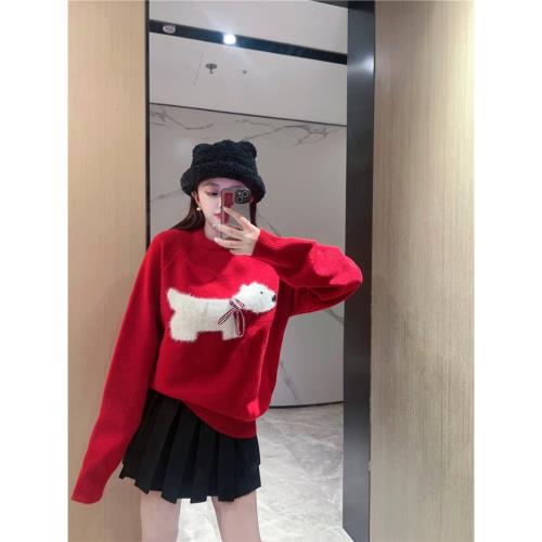 25春tb學院風新年卡通小狗套頭織帶毛衣休閑慵懶高級感減齡針織衫|時尚防曬服|ETMall東森購物網