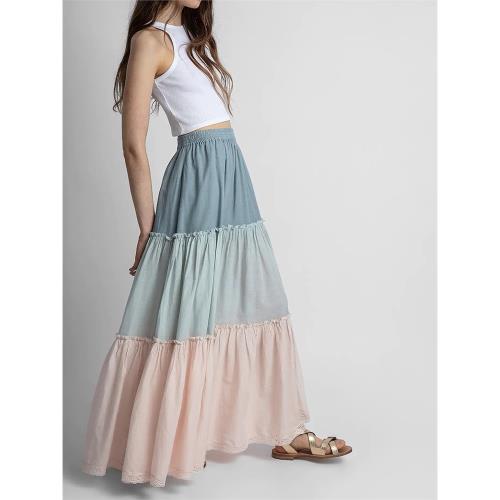 23夏新款ZV拼色半身裙女加長到腳踝迷笛大裙擺傘裙蕾絲花邊度假風|半身裙|ETMall東森購物網