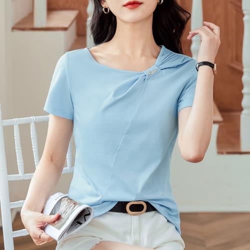 80支絲光棉短袖t恤女2023新款設計感小眾上衣女時尚洋氣純棉純色|T恤|ETMall東森購物網
