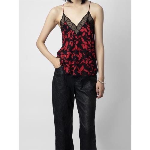 25春新款ZV楓葉印花紅色吊帶背心女蕾絲拼接V領性感露背外穿內搭|背心吊帶|ETMall東森購物網