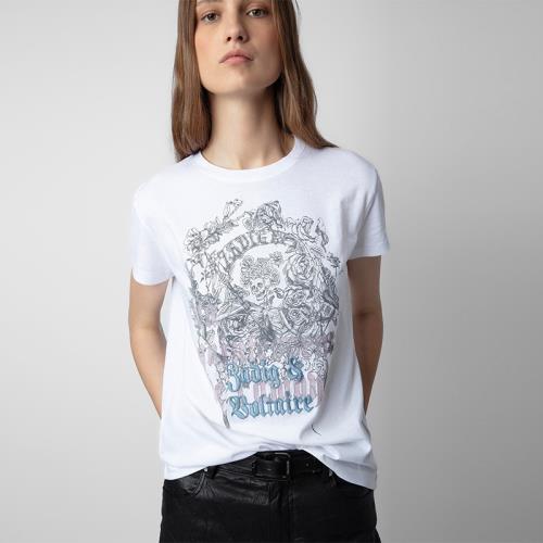 24早春新款法國小眾ZV經典骷髏頭花朵印花英文刺繡短袖T恤女上衣|T恤|ETMall東森購物網