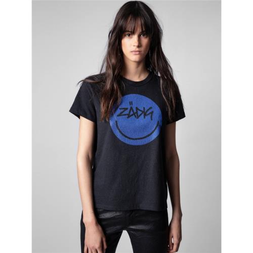 新款法式風格ZV字母印花笑臉燙鉆黑色女式棉質短袖T恤|T恤|ETMall東森購物網