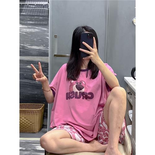 網紅短袖睡衣女夏天可愛草莓熊家居服寬松大碼胖mm200斤短褲套裝|睡衣/家居服套裝|ETMall東森購物網