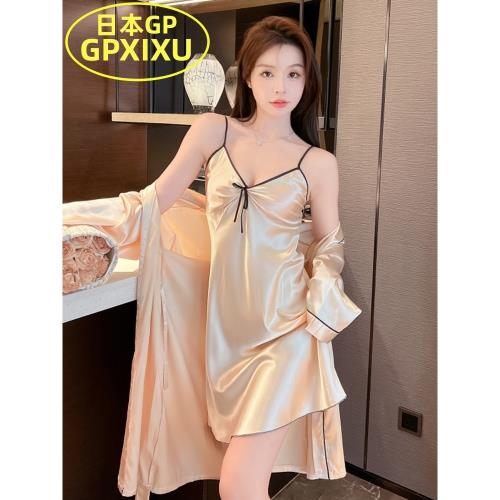 日本GP吊帶睡裙夏季性感睡衣女冰絲薄款蝴蝶結睡袍絲綢春秋家居服|睡衣/家居服套裝|ETMall東森購物網