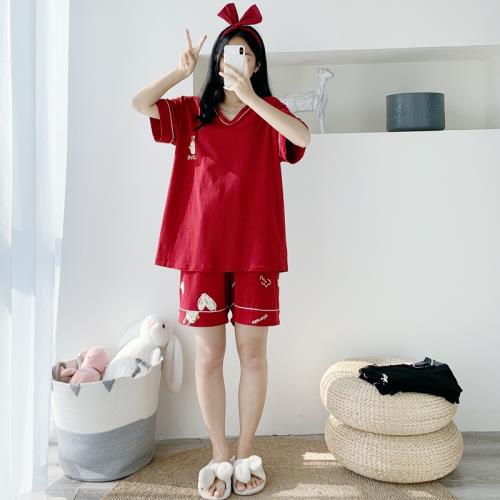 卡通兔子加大碼純棉V領睡衣女短袖五分褲家居服套裝寬松胖mm200斤|睡衣/家居服套裝|ETMall東森購物網