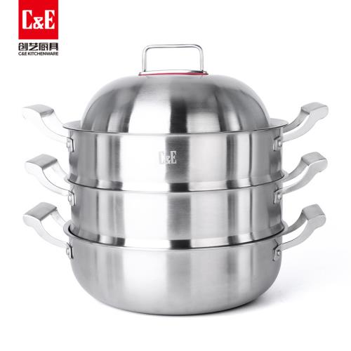 C&E創藝 26-32cm 304不鏽鋼 三層蒸籠 上蒸下煮多功能湯鍋 蒸籠鍋 蒸煮火鍋 蒸氣鍋 蒸鮮鍋 妙煮鍋 蒸煮料理鍋 燜鍋 蒸燉鍋 高蓋款|蒸燉鍋|ETMall東森購物網