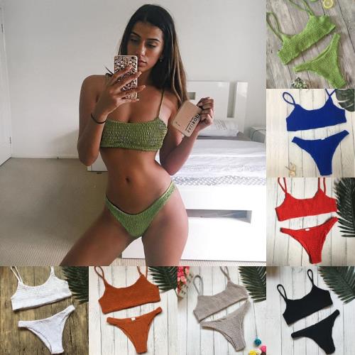 新款比基尼2020歐美ins泳衣性感打褶三角泳裝沙灘純色女Bikini|比基尼|ETMall東森購物網