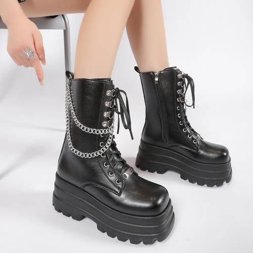 哥特式暗黑中筒靴大碼42皮靴women high heel boots martin boots|時裝靴|ETMall東森購物網