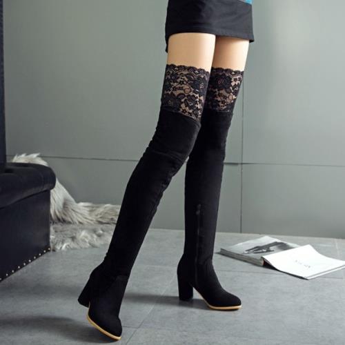 性感蕾絲過膝長靴彈力靴絨面粗跟騎士靴大碼44 45 46 47 48 49 50|騎士靴|ETMall東森購物網