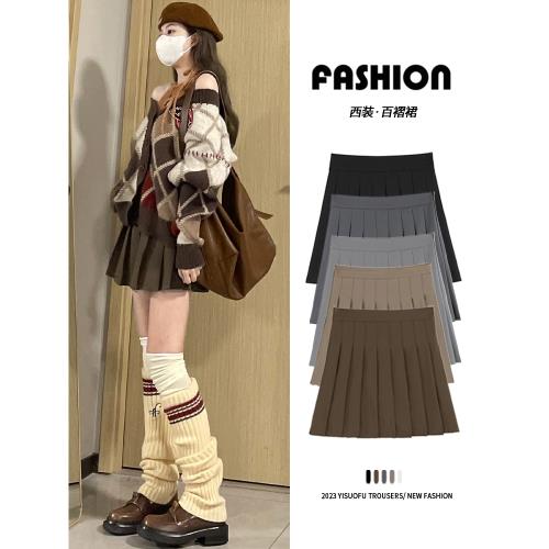 卡其色百褶裙女半身裙2024新款高腰顯瘦棕色裙子春秋冬a字jk短裙|半身裙|ETMall東森購物網