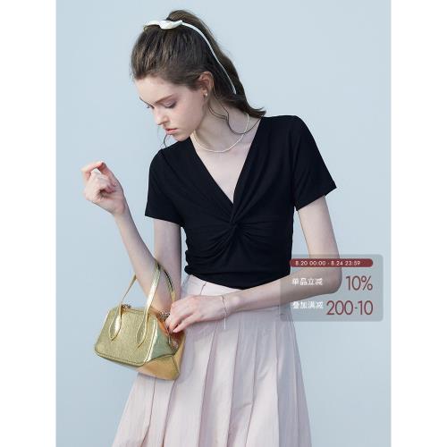 EGGKA純色V領紐結修身短袖T恤|T恤|ETMall東森購物網