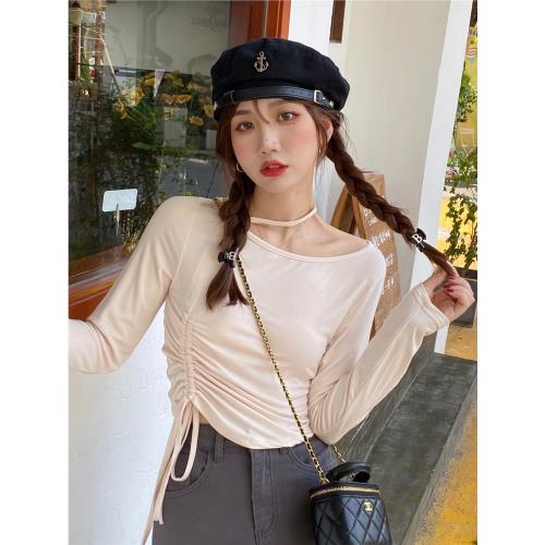 一字肩短款上衣女裝設計感2025開春季新款大領口抽繩內搭長袖t恤|T恤|ETMall東森購物網