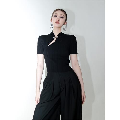 BYLU 新中式金屬盤扣針織衫女鏤空設計旗袍領顯瘦設計感短袖上衣|毛針織衫|ETMall東森購物網