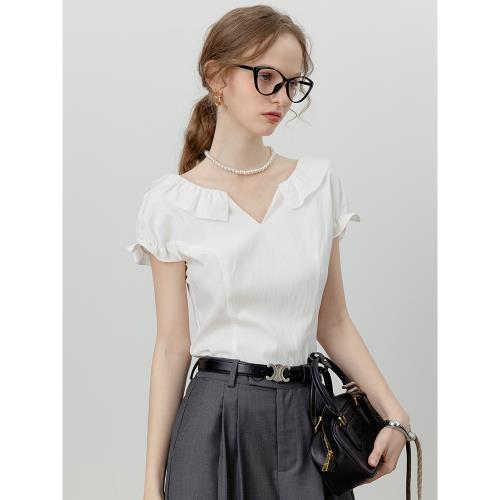 EGGKA V領休閑小眾花邊袖襯衫|襯衫|ETMall東森購物網