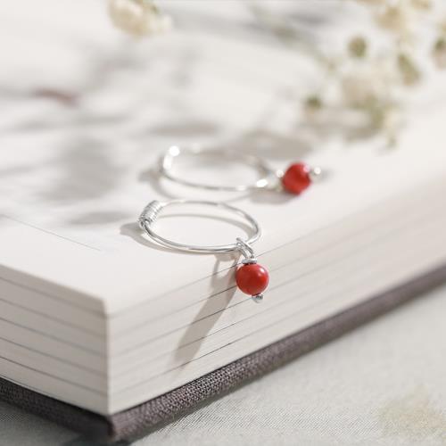 999純銀女素圈喜慶過年紅朱砂|耳環|ETMall東森購物網