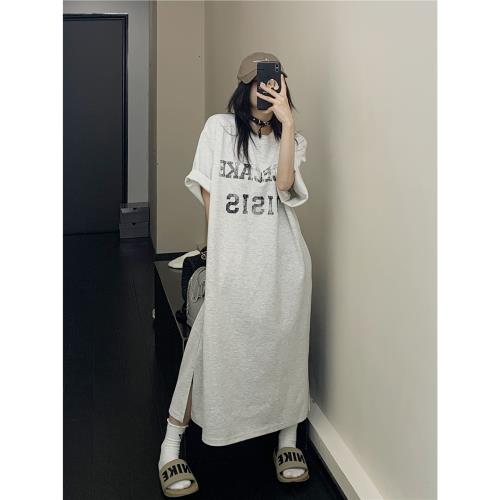 廢柴chic夏季新款簡約高級感oversize過膝長款短袖女T恤連衣裙潮|T恤|ETMall東森購物網
