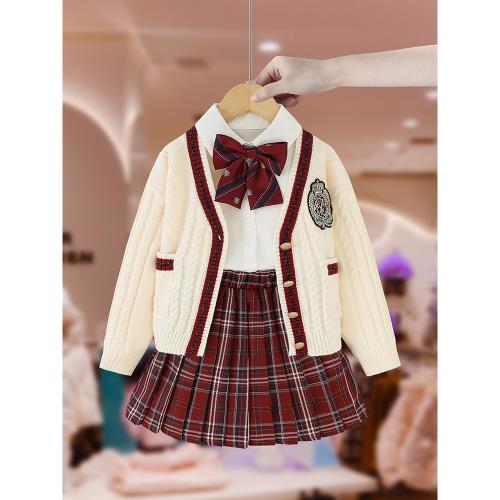 女童JK女孩針織開衫外套兒童學院風百褶裙套裝2025春秋新款三件套|套裝|ETMall東森購物網