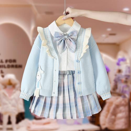 女童套裝學院風春秋2025新款兒童洋氣時髦小女孩針織開衫jk三件套|套裝|ETMall東森購物網