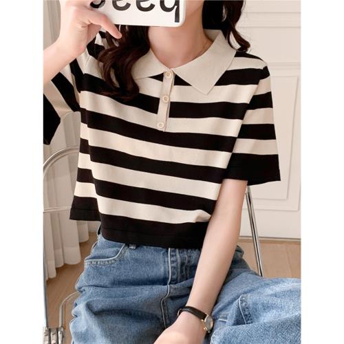 polo條紋短袖針織衫冰絲ins T恤|T恤|ETMall東森購物網