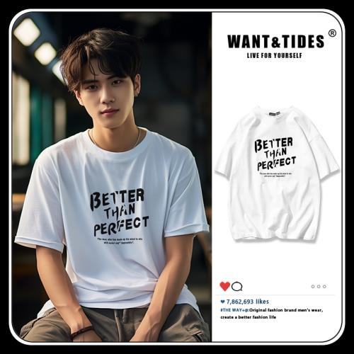 美式英文印花半袖白色ins男士t恤|T恤|ETMall東森購物網