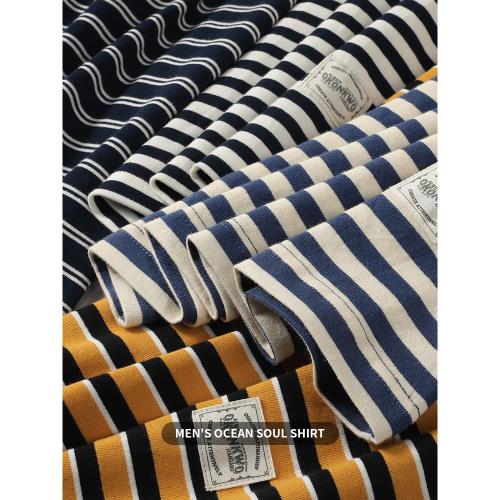 230克雙紗重磅純棉細條紋短袖T恤海魂衫阿美咔嘰復古情侶撞色休閑|T恤|ETMall東森購物網