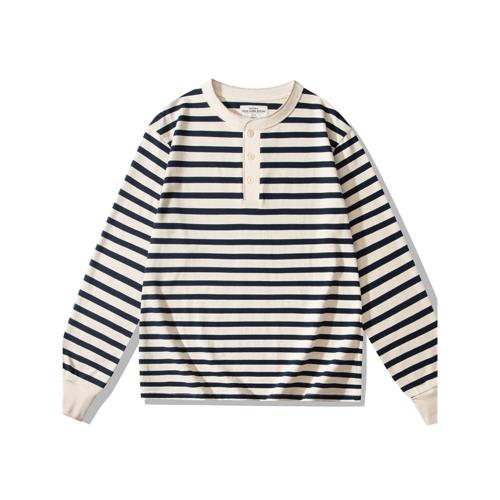 230克重磅條紋亨利領美式休閑長袖T恤男阿美咔嘰甲板純棉海魂衫男|T恤|ETMall東森購物網