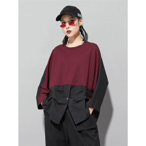 ins不規則圓領拼色九分袖蝙蝠衫|T恤|ETMall東森購物網