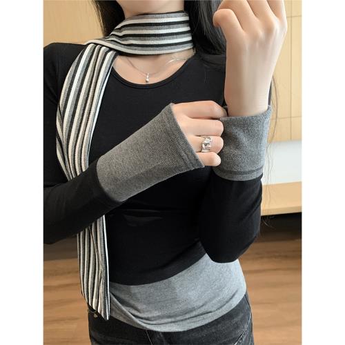 正肩黑白撞色長袖內搭chic假兩件|T恤|ETMall東森購物網