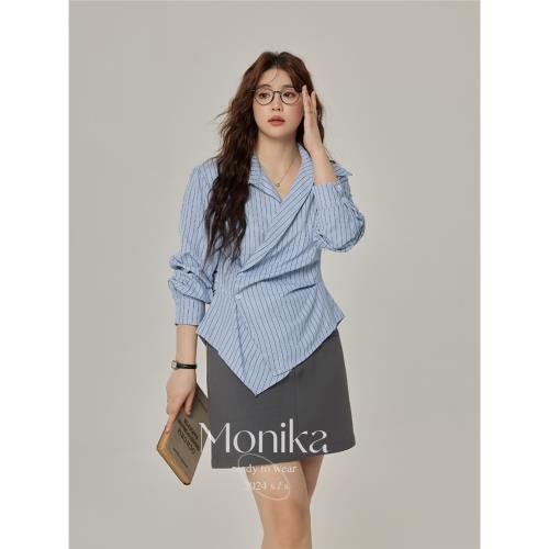 不對稱秋季胖mm收腰顯瘦條紋襯衫|大尺碼內搭|ETMall東森購物網