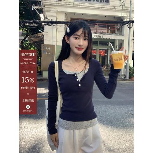 宋正恩U領長袖t恤BM風韓版假兩件|T恤|ETMall東森購物網