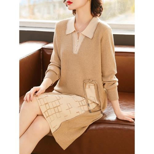 媽媽裝洋氣拼接針織連衣裙40歲50中年女裝秋冬中長款高貴毛衣裙子|中老年女裝|ETMall東森購物網