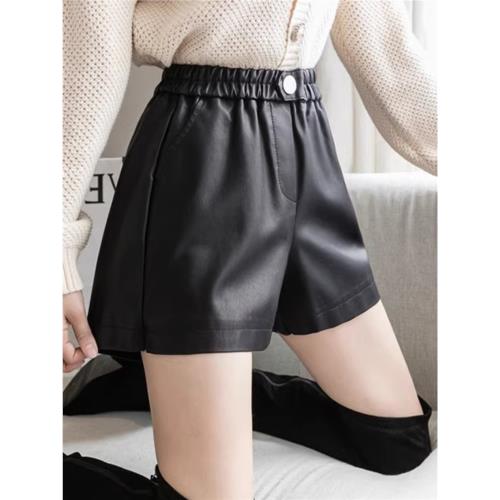 黑色PU皮褲女春秋季新款歐貨小個子松緊腰短褲高腰外穿闊腿靴褲子|休閒褲|ETMall東森購物網