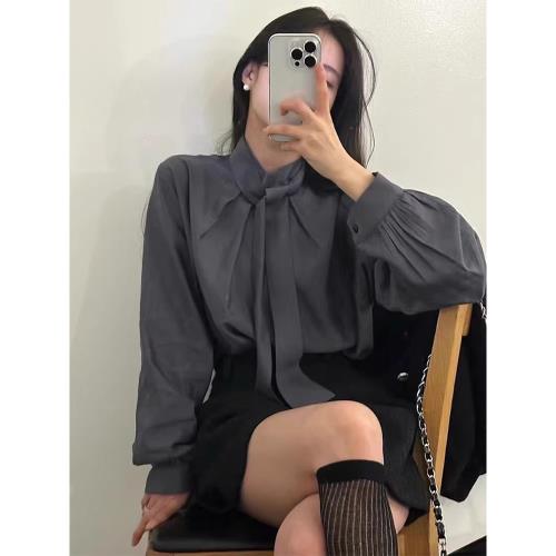 chic韓國飄帶壓褶寬松長袖緞面|襯衫|ETMall東森購物網