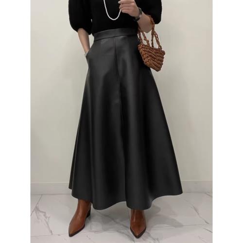 韓國chic秋季小眾高級感高腰百搭顯瘦PU皮裙A字大擺半身裙長裙女|半身裙|ETMall東森購物網