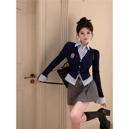 學院風小個子辣妹jk制服假兩件襯衫百褶半身裙兩件套裝女早秋冬季|時尚套裝|ETMall東森購物網