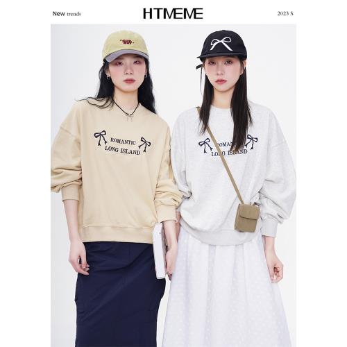 花田櫥窗HTmeme 諾里書屋 蝴蝶結刺繡圓領衛衣女春秋寬松休閑上衣|衛衣/絨衫|ETMall東森購物網