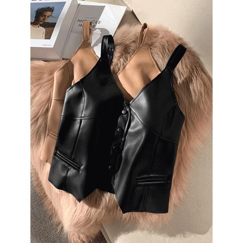 英倫風洋氣PU皮衣馬甲背心女秋冬新款韓版吊帶V領外搭疊穿小背心|背心吊帶|ETMall東森購物網