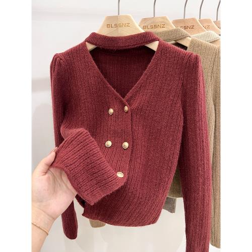 v領紅色設計感小眾針織開衫掛脖|毛針織衫|ETMall東森購物網