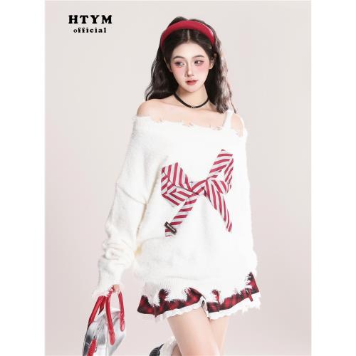 HTYM緋色慵懶風馬海毛軟糯蝴蝶結|毛衣|ETMall東森購物網