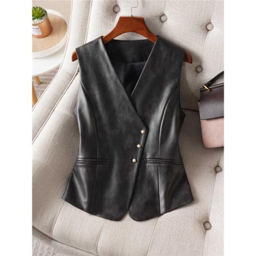 短款秋冬PU皮斜扣修身V領馬甲|馬夾|ETMall東森購物網