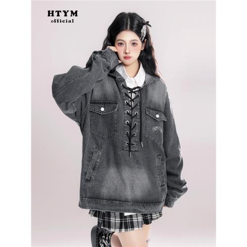 HTYM做舊牛仔新款綁帶連帽外套|衛衣/絨衫|ETMall東森購物網