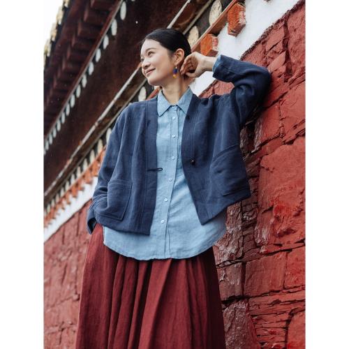 綻放680朵苧麻藏藍V領中式短外套|短外套|ETMall東森購物網