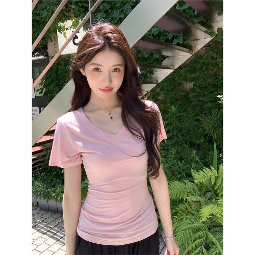 alex stevens舒適區 正肩V領短袖修身顯瘦T恤女25夏季短款上衣|T恤|ETMall東森購物網