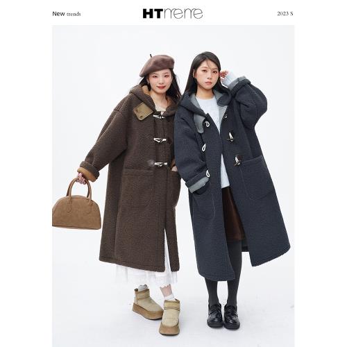 現貨】花田櫥窗HTmeme 連帽羊羔毛外套女冬加厚中長款牛角扣大衣|毛呢外套|ETMall東森購物網