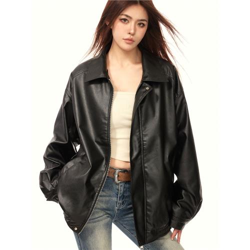 Aaisup美式復古皮衣外套女2025新春款高級感寬松翻領pu皮夾克上衣|皮衣|ETMall東森購物網