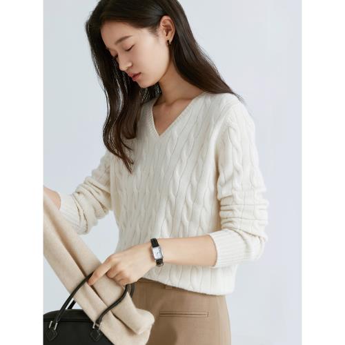 老錢風BI備經典款_7針雙線康賽妮AURORA純羊絨V領絞花毛衣針織衫|羊絨衫|ETMall東森購物網